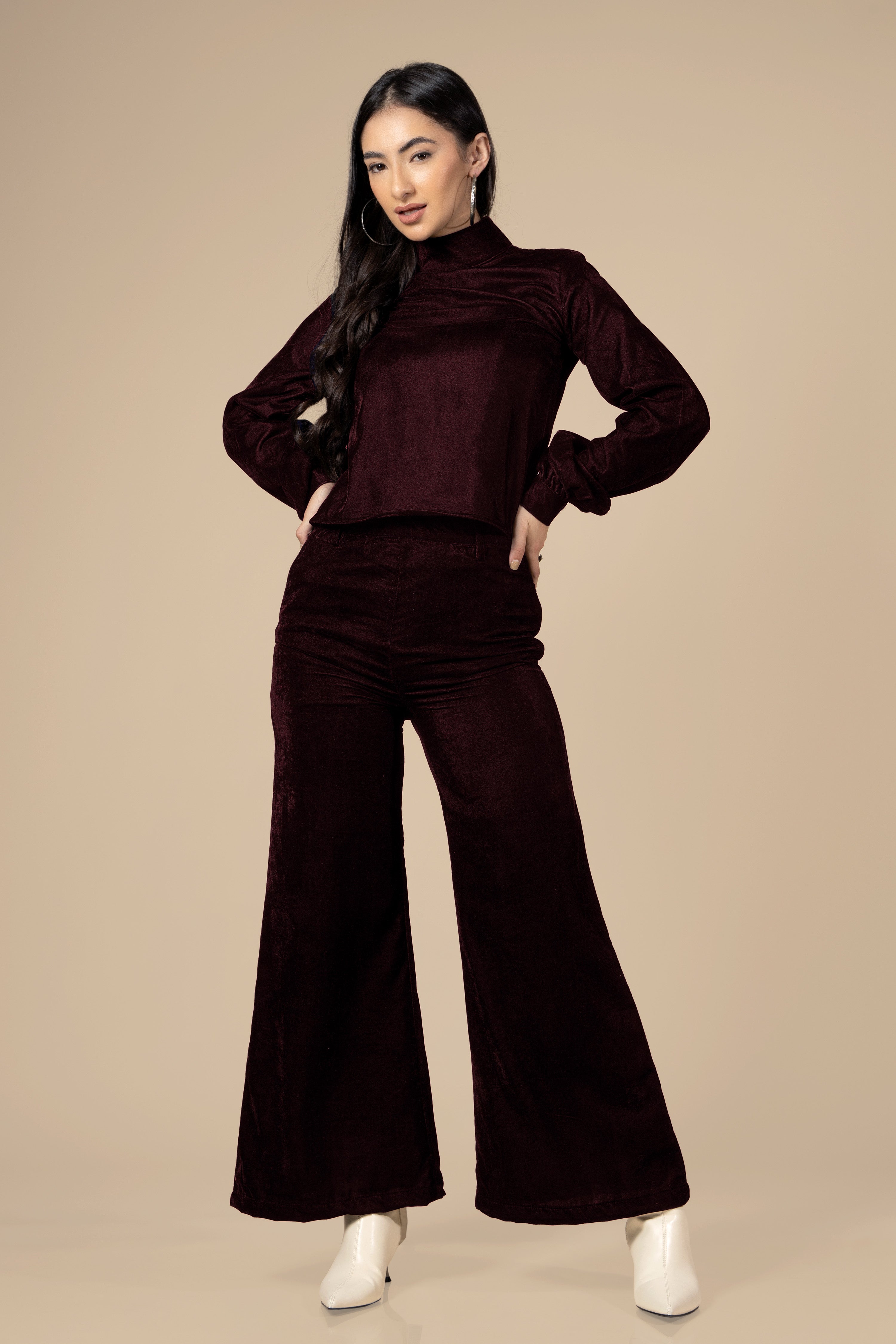 Maroon High Neck Velvet Co-Ord Set For Women – neofaa.com