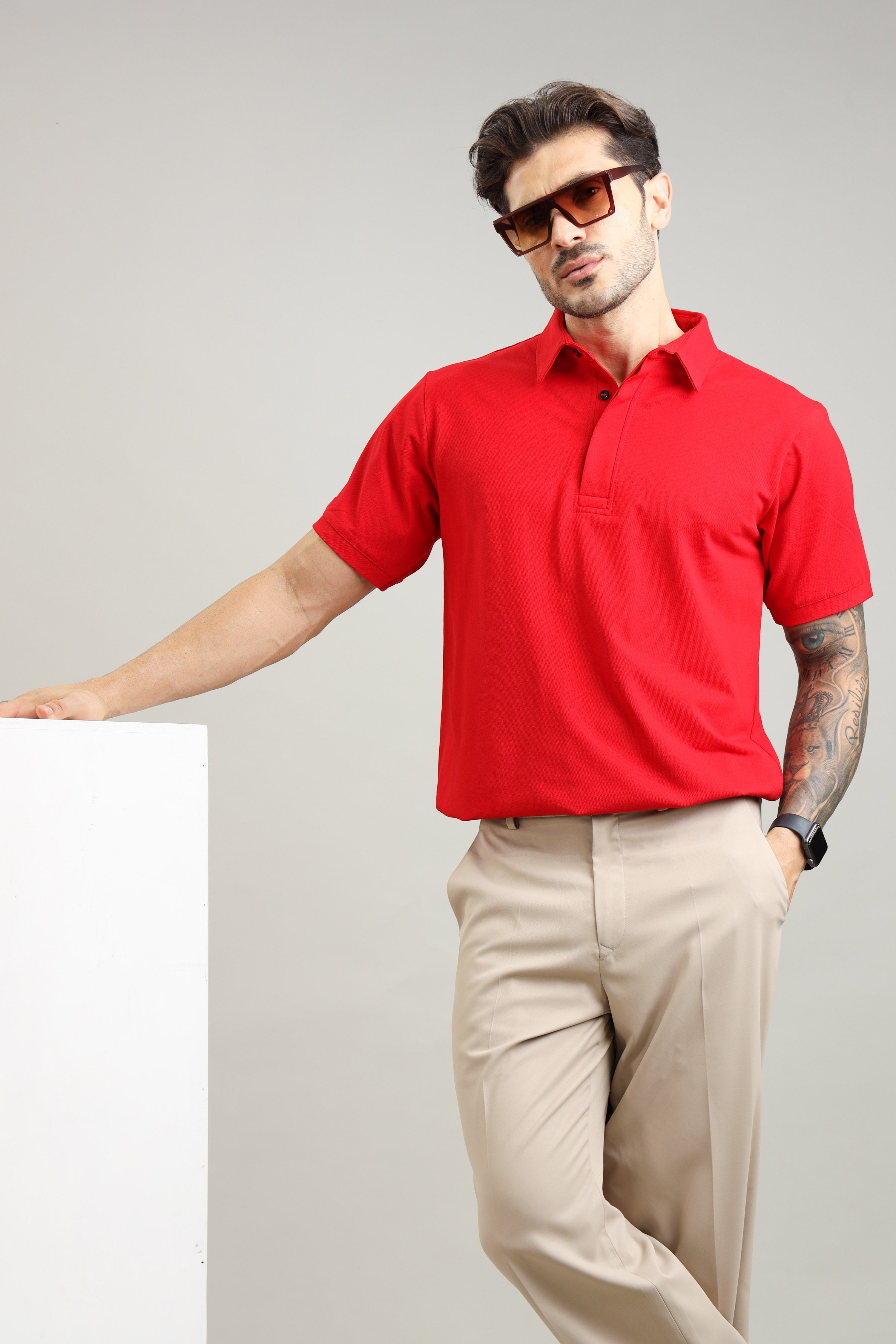 Men's Red Hidden Placket Polo T-Shirt – neofaa.com