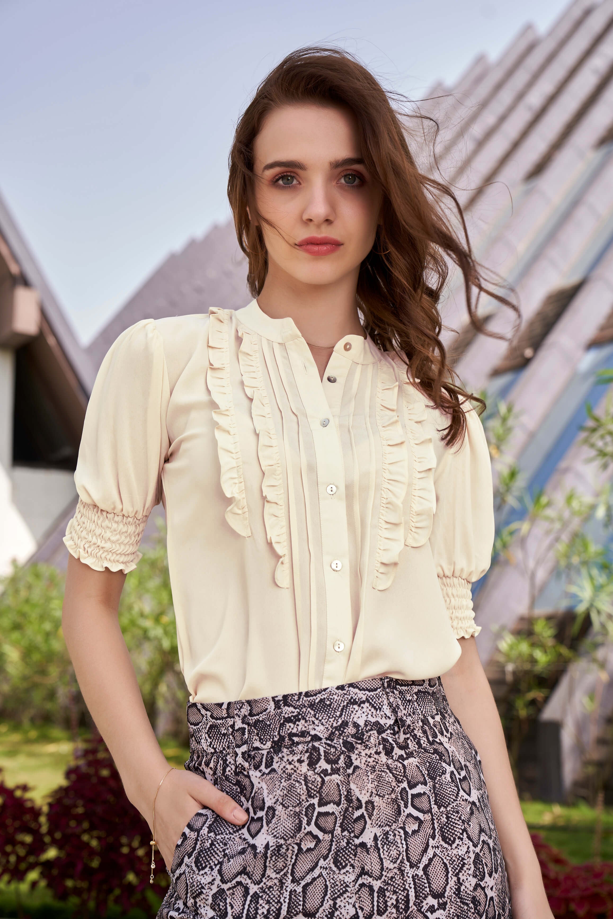 Cream Smocked Puff Sleeve Ruffle Work Top – neofaa.com