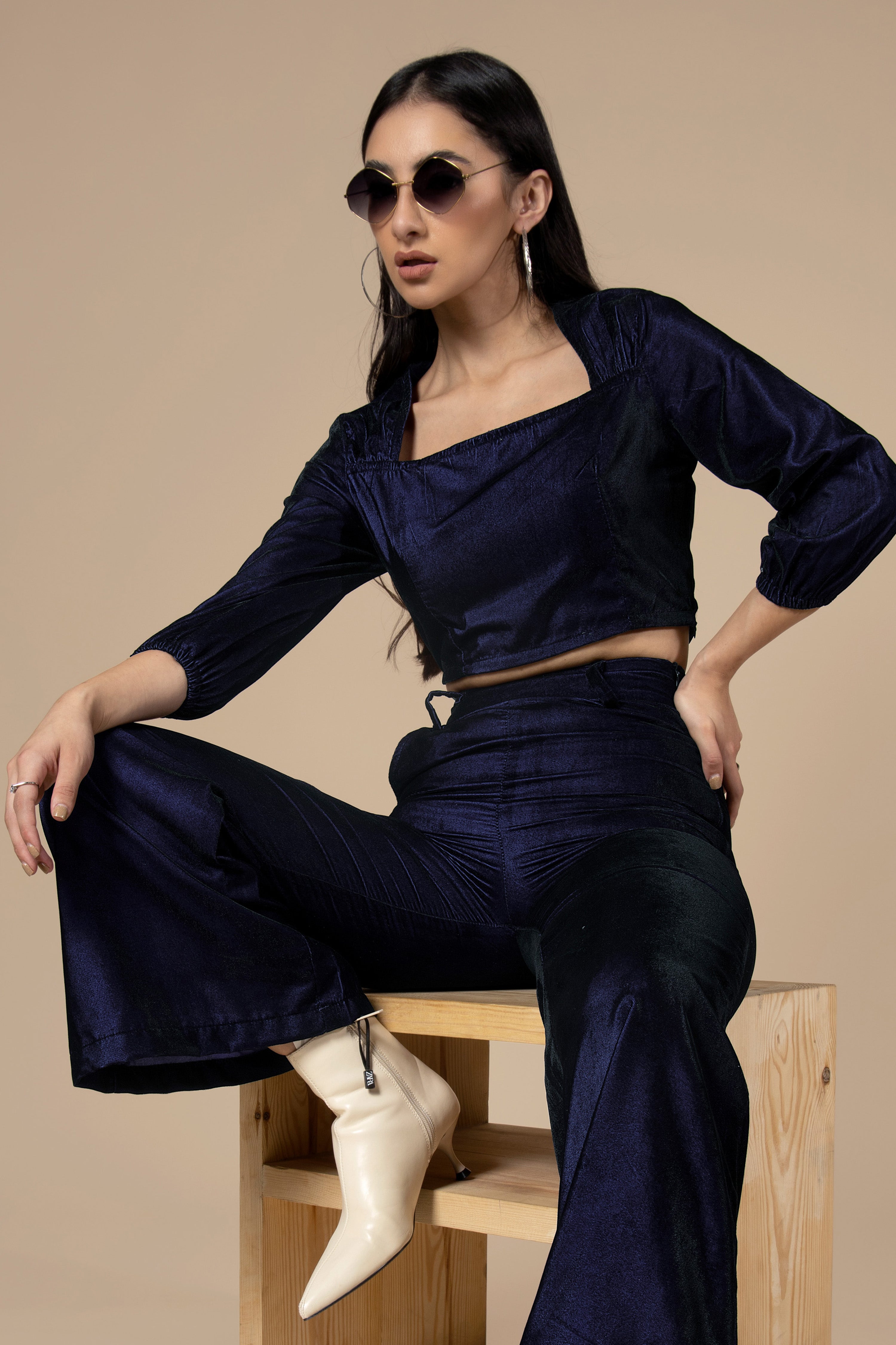 Navy Blue Square Neck Velvet Crop Top For Women – neofaa.com